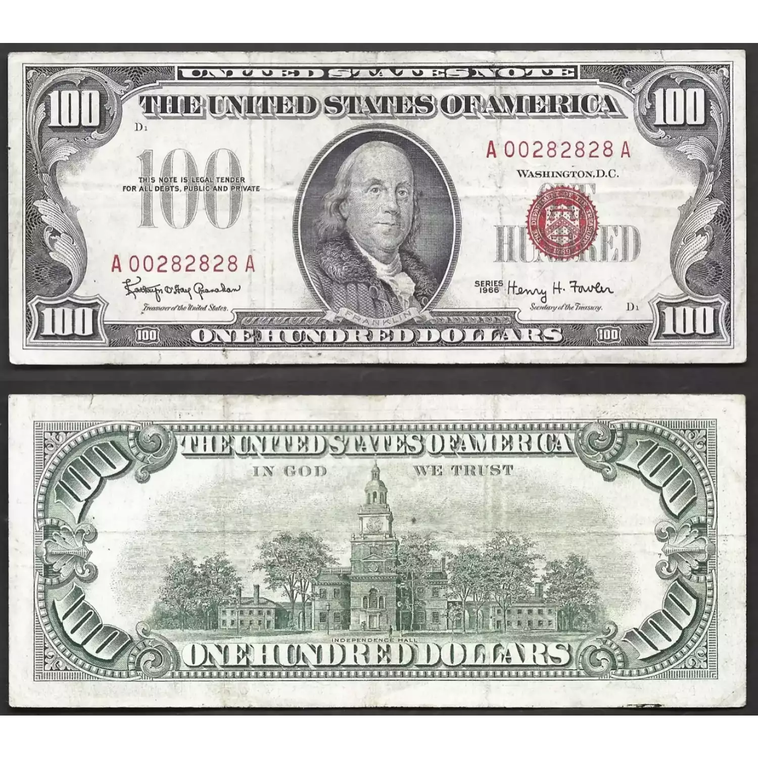$100 1966 red seal. Small Legal Tender Notes 1550 - Executive Currency