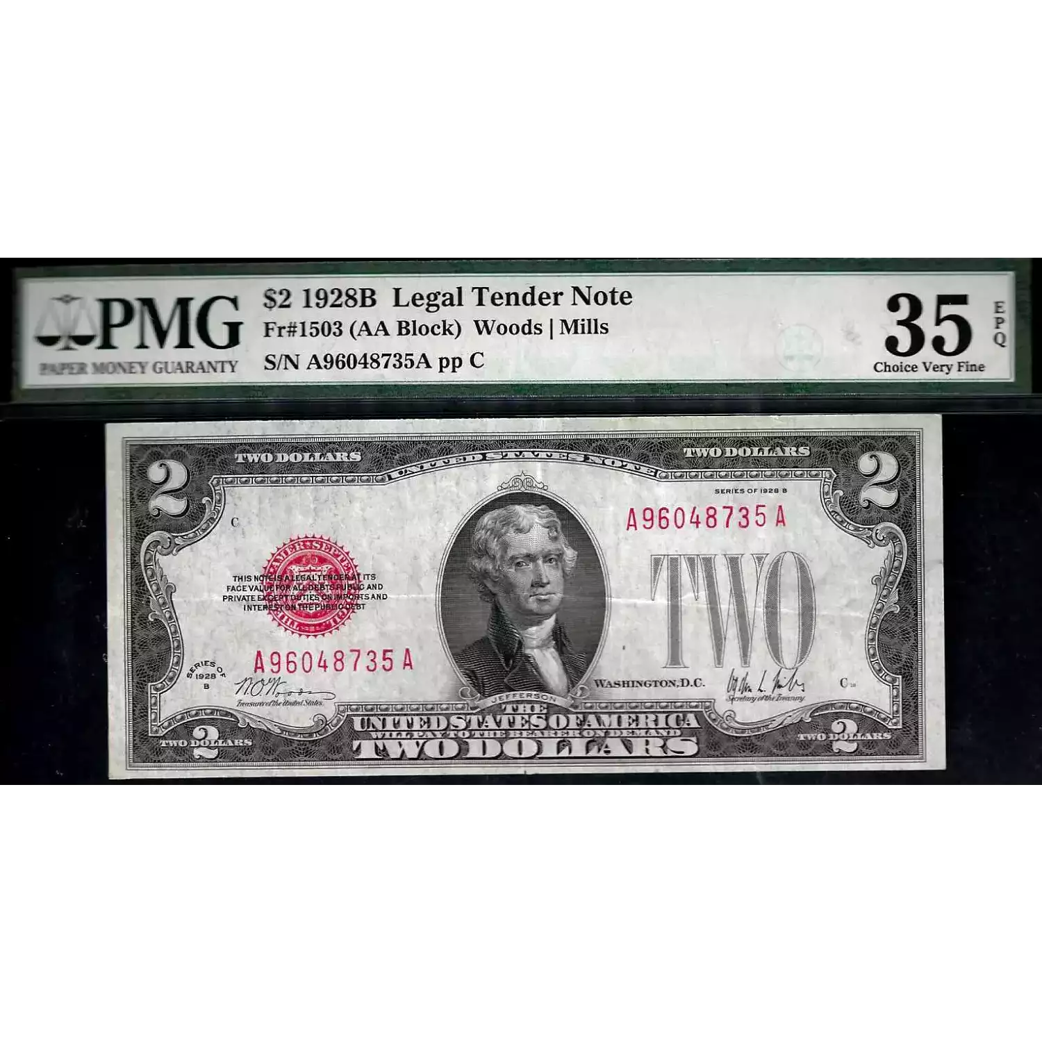 $2 1928-B red seal. Small Legal Tender Notes 1503 - Executive Currency